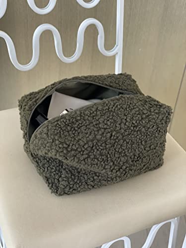 Boucle Cosmetics Toiletry Makeup Bag Large Aesthetic Makeup Travel Accessories Gift Idea (Olive Green Boucle)