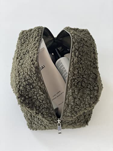 Boucle Cosmetics Toiletry Makeup Bag Large Aesthetic Makeup Travel Accessories Gift Idea (Olive Green Boucle)