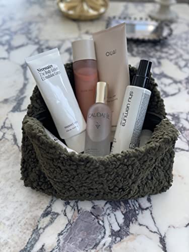 Boucle Cosmetics Toiletry Makeup Bag Large Aesthetic Makeup Travel Accessories Gift Idea (Olive Green Boucle)