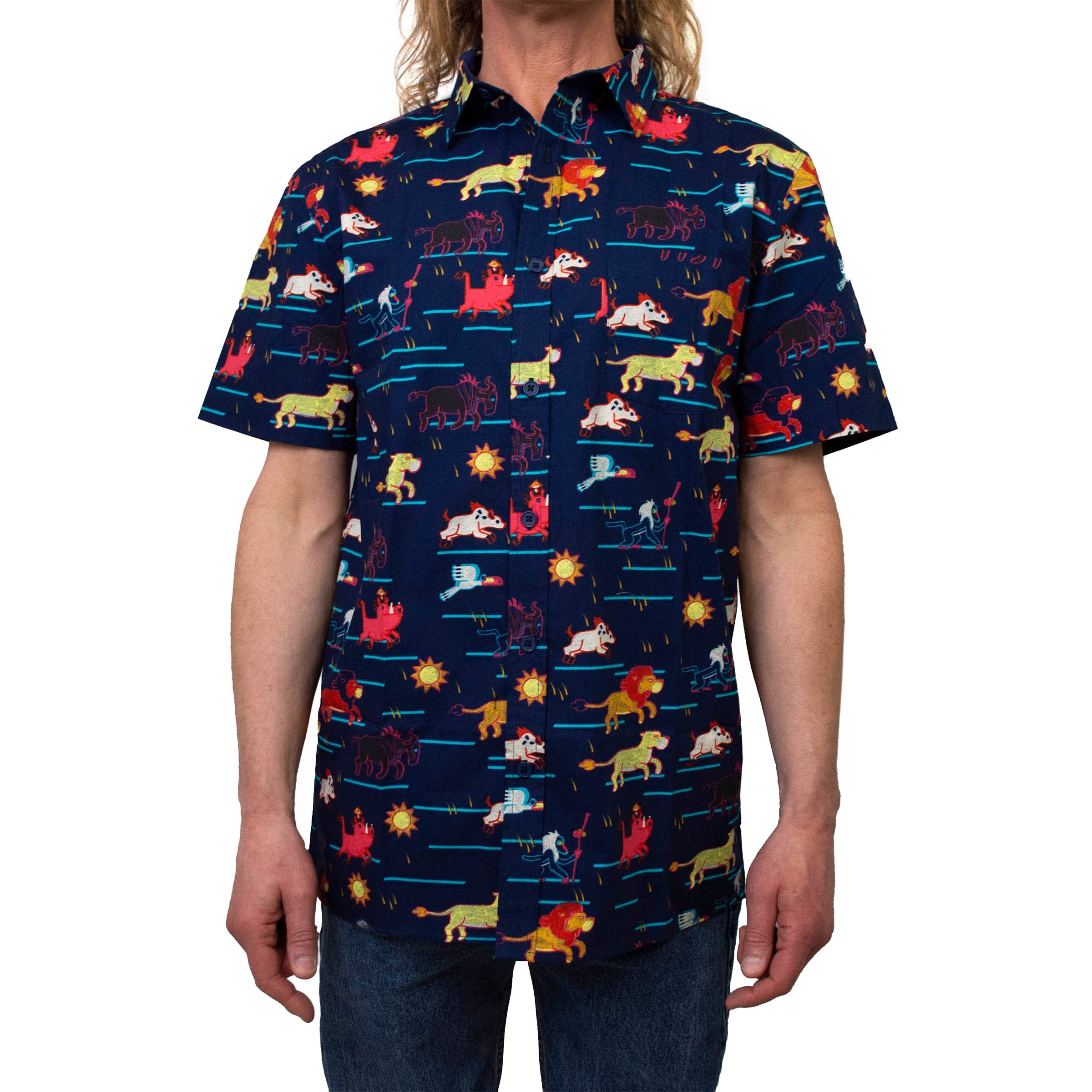 Disney Men's Lion King Button Down Shirt, Navy Stampede, Small