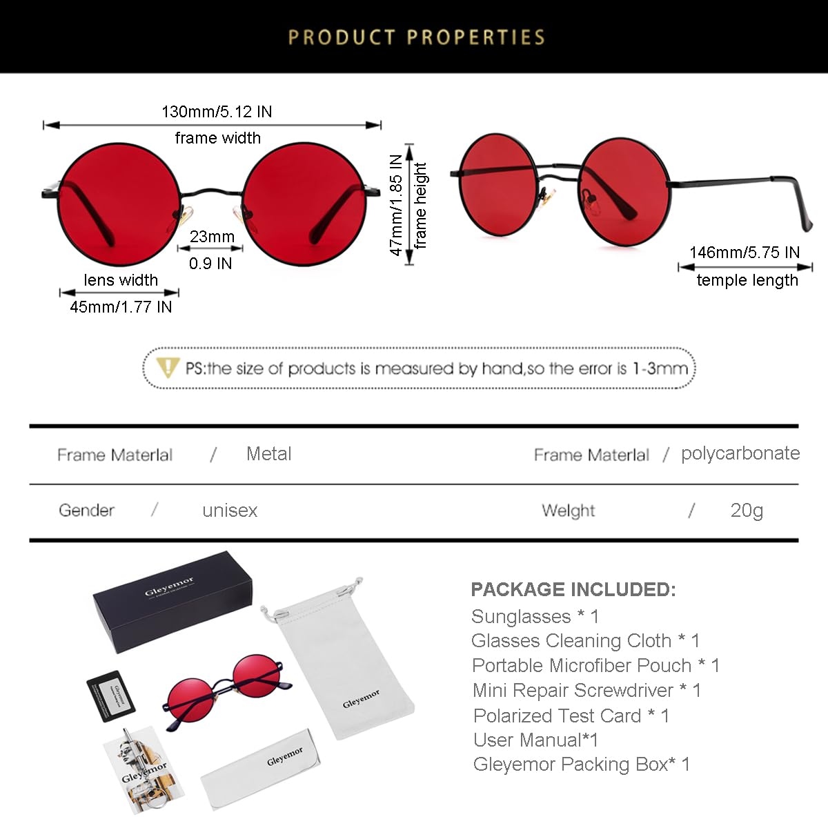Gleyemor Polarized Round Sunglasses for Men Women Hippie Small Circle Glasses Red Yellow Lenses (Black/Clear Red)