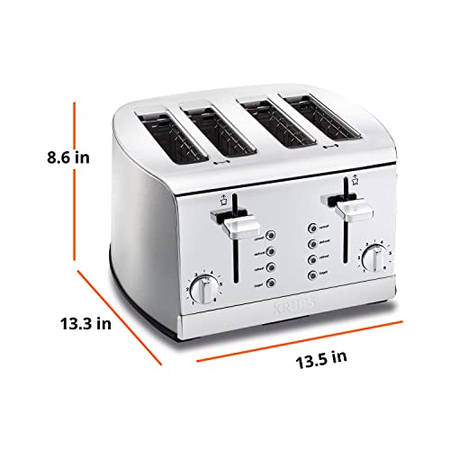 KRUPS KH734D Breakfast Toaster with Brushed and Chrome Stainless Steel Housing, 4-Slices with Dual Independent Control Panel, 6-browning levels, Silver