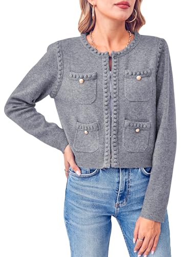 Esobo Womens Knit Cardigan Sweaters Open Front Long Sleeve Cropped Trendy Jacket Outerwear(Grey,Large)