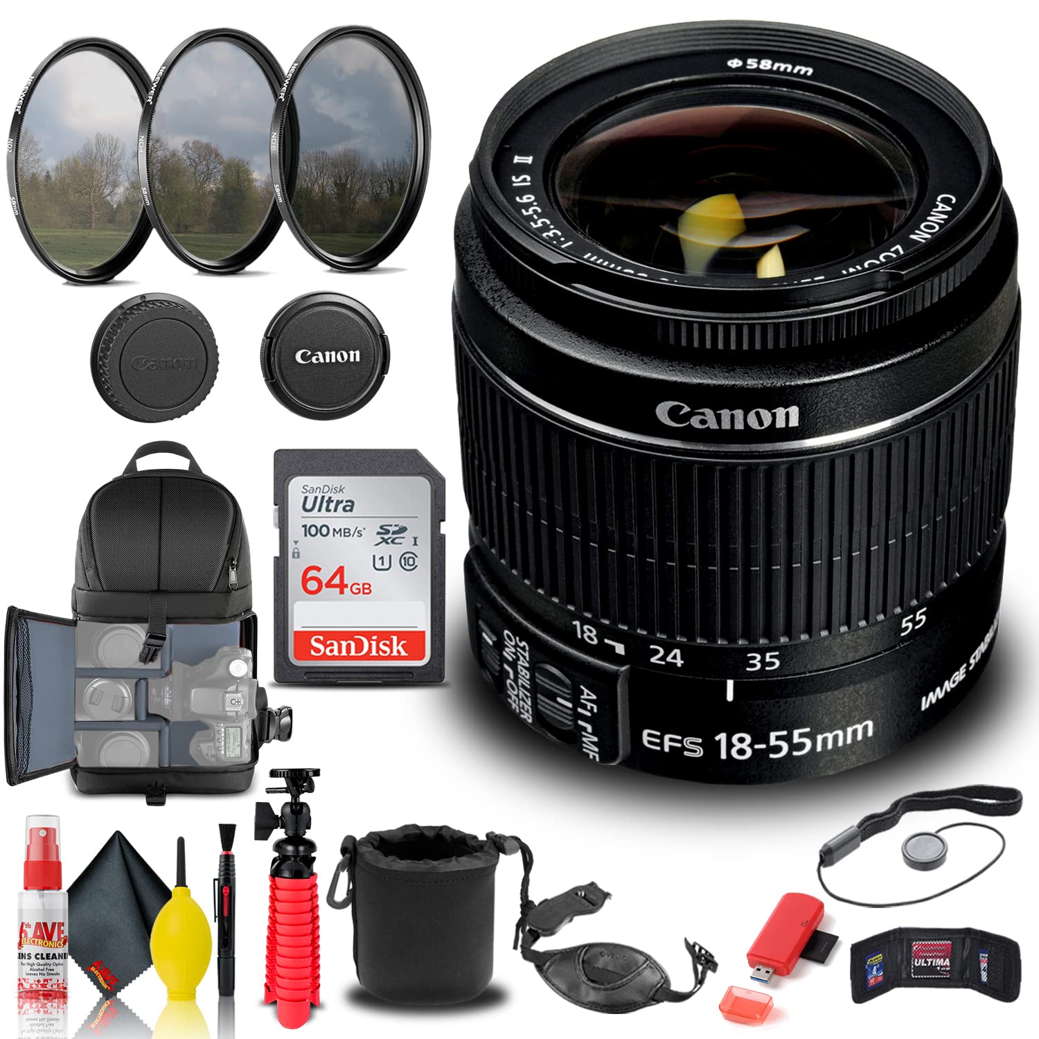 Canon EF-S 18-55mm f/3.5-5.6 is II Lens (2042B002) + Filter Kit + Backpack + 64GB Card + Lens Pouch + Card Reader + Tripod + Memory Wallet + Cap Keeper + Cleaning Kit + Hand Strap + More (Renewed)