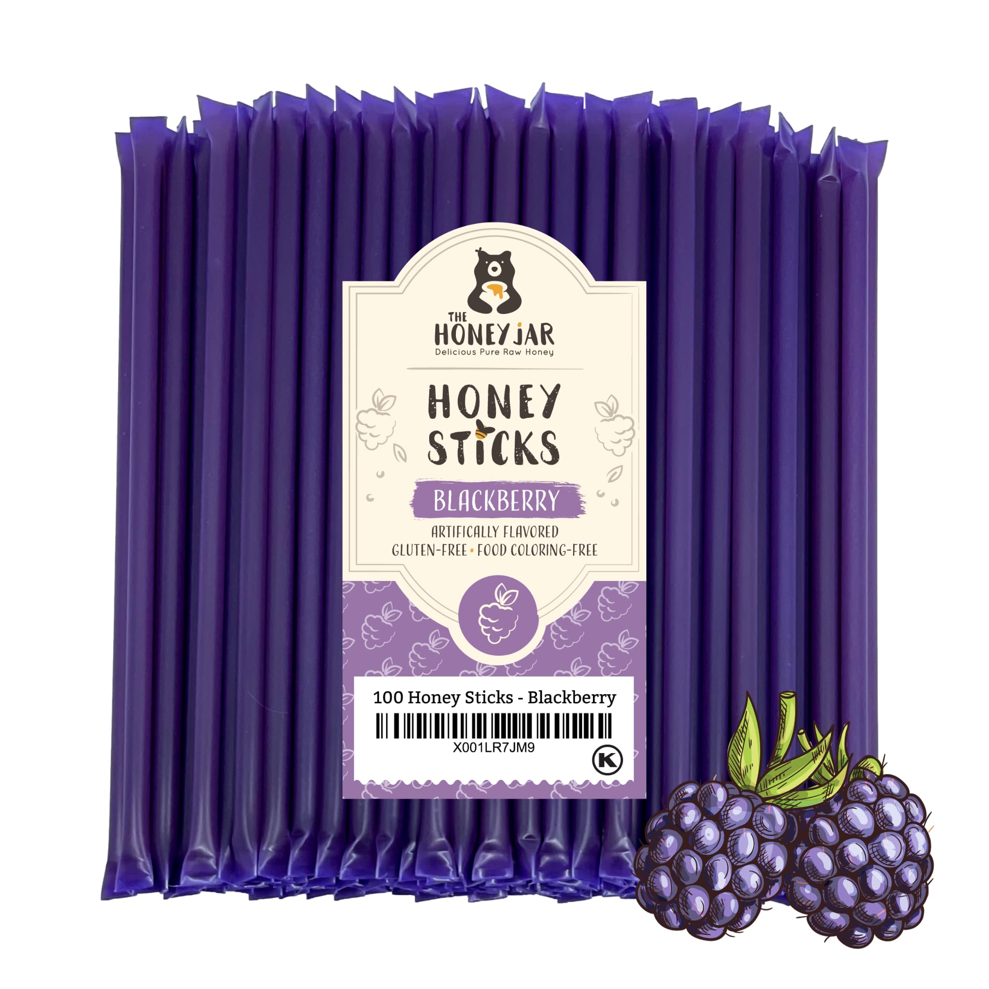 The Honey Jar Blackberry Flavored Honey Sticks - Pure Honey Straws For Tea, Coffee, or a Healthy Treat - One Teaspoon of Flavored Honey Per Stick - Made In The USA with Real Honey - (100 Count)