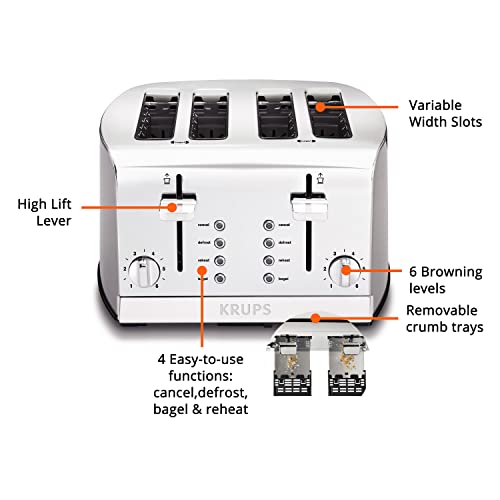 KRUPS KH734D Breakfast Toaster with Brushed and Chrome Stainless Steel Housing, 4-Slices with Dual Independent Control Panel, 6-browning levels, Silver