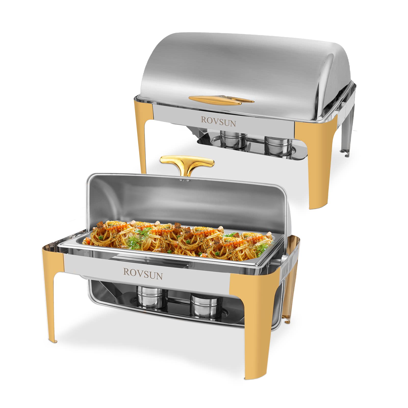 ROVSUN 9 Quart 2 Packs Roll Top Chafing Dish Buffet Set Gold Accent,Stainless Steel Rectangular Chafer for Catering,Food Warmer with Glass Window for Party Wedding Catering Banquet Graduation Event