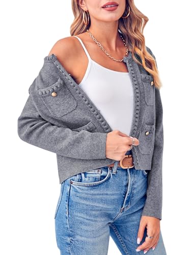 Esobo Womens Knit Cardigan Sweaters Open Front Long Sleeve Cropped Trendy Jacket Outerwear(Grey,Large)