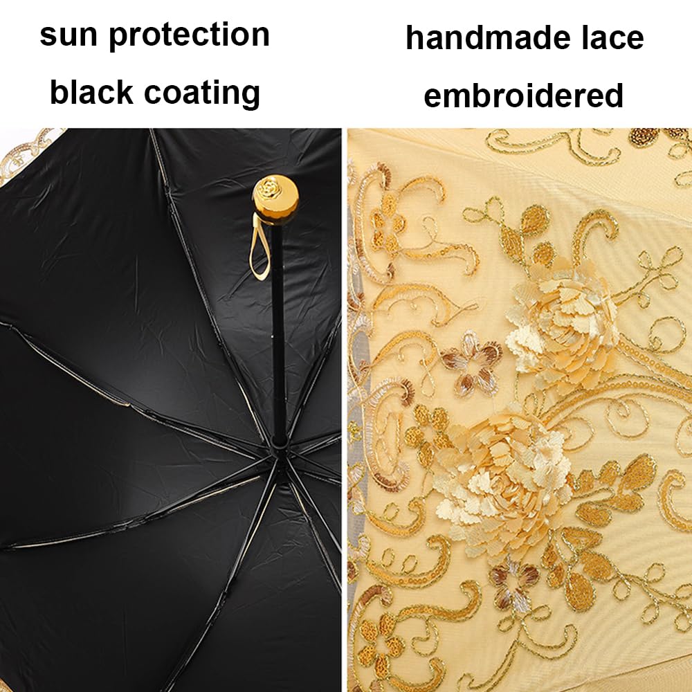 Aikelai Vintage Lace Umbrella, UPF50+ Sun Umbrella, 3D Flower Embroidery Compact Umbrella for Wedding Party and Photo Shooting (8331-yellow)