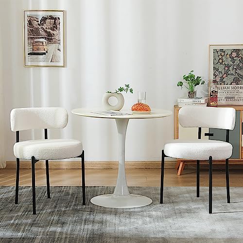 RIGHTPARTS Boucle Dining Chairs Set of 2, Modern Upholstered Tufted Dining Room Chairs, Mid Century Furry Round Kitchen Chairs Curved Backrest Metal Legs Easy Assemble (White, 2)