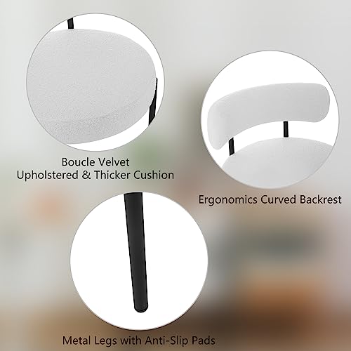 RIGHTPARTS Boucle Dining Chairs Set of 2, Modern Upholstered Tufted Dining Room Chairs, Mid Century Furry Round Kitchen Chairs Curved Backrest Metal Legs Easy Assemble (White, 2)