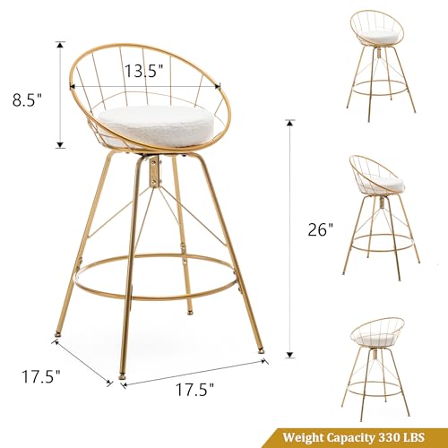 Aklaus 26" Sherpa Boucle Bar Stools Set of 2 Swivel Counter Height Bar Stools with Round Seat,Gold Bar Stools with Backs,Modern Teddy White Barstools,Kitchen Island Dining Bar Stools Chairs