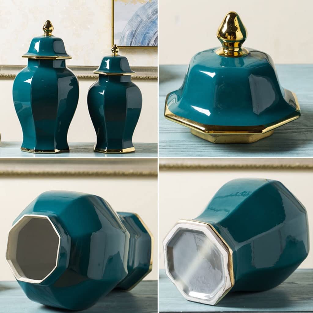 Handmade Green Hexagon Ginger Jar Vase Ornament, Home & Living Room Decorative Jar, Gold-Plated Ceramic Temple Jar (Size : Large)