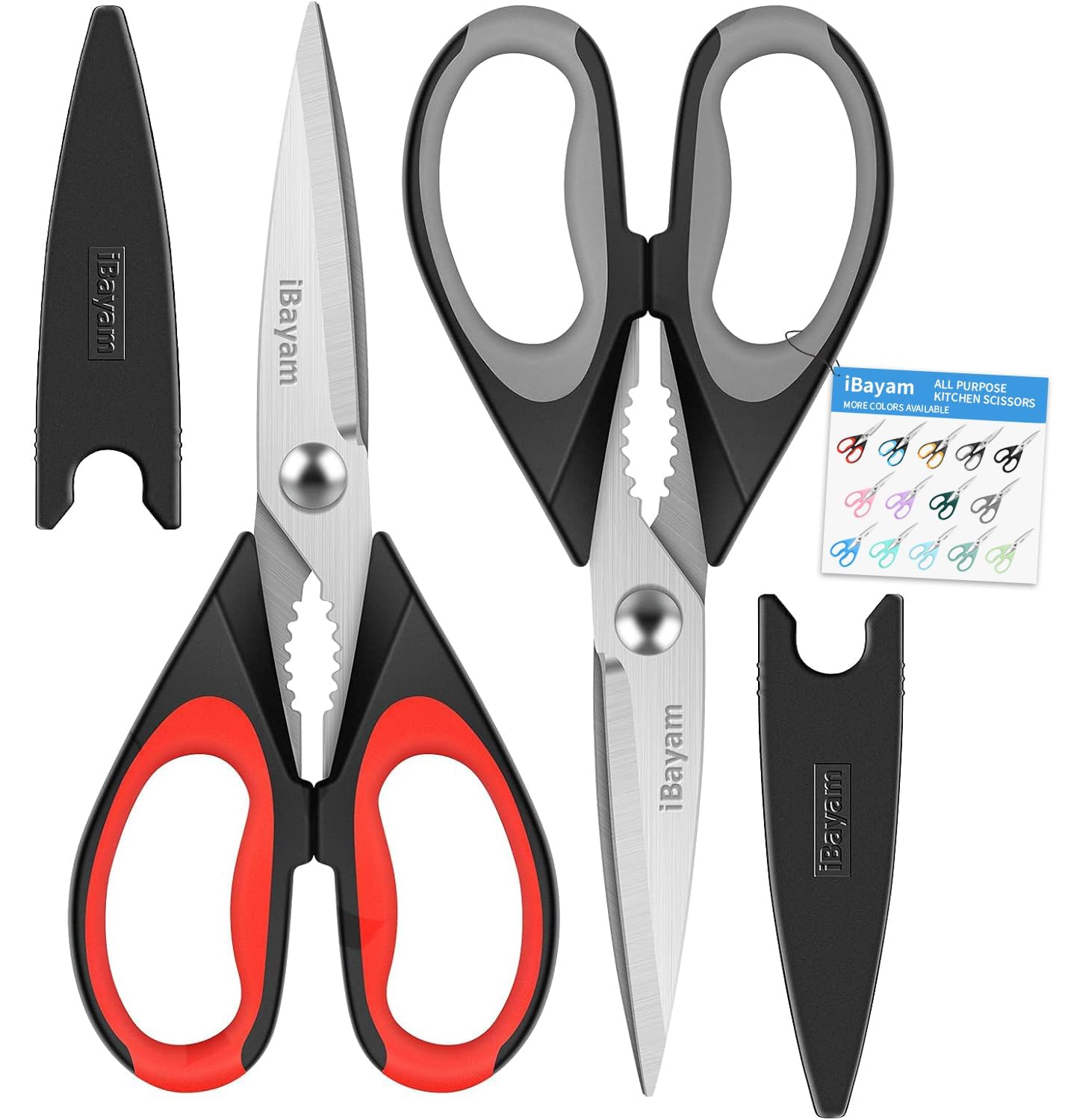 Kitchen Shears, iBayam Kitchen Scissors Heavy Duty Meat Scissors Poultry Shears, Dishwasher Safe Food Cooking Scissors All Purpose Stainless Steel Utility Scissors, 2-Pack (Black Red, Black Gray)