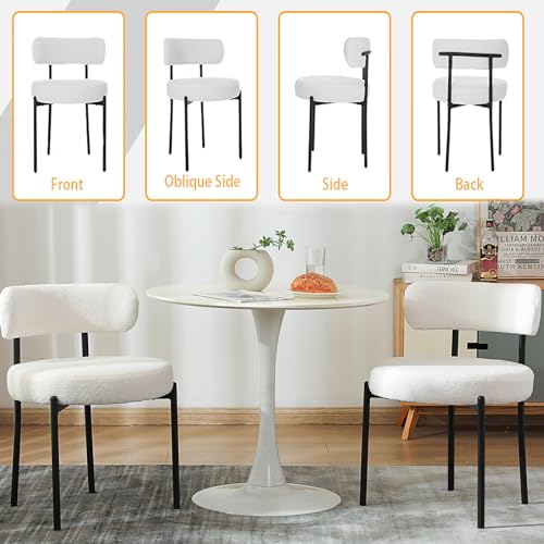 RIGHTPARTS Boucle Dining Chairs Set of 2, Modern Upholstered Tufted Dining Room Chairs, Mid Century Furry Round Kitchen Chairs Curved Backrest Metal Legs Easy Assemble (White, 2)