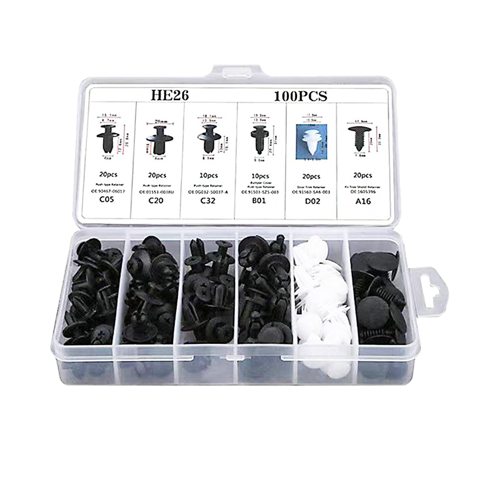 Dewkou 100 PCS Car Bumper Retainer Clips, 6.3mm 8mm 9mm 10mm Nylon Fasteners Rivet Replacement Kit, Push-in Screw Bumper Push Rivet Clip with Removal Tool, Suitable for Most Models (Black)