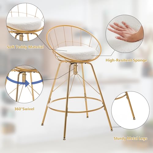 Aklaus 26" Sherpa Boucle Bar Stools Set of 2 Swivel Counter Height Bar Stools with Round Seat,Gold Bar Stools with Backs,Modern Teddy White Barstools,Kitchen Island Dining Bar Stools Chairs