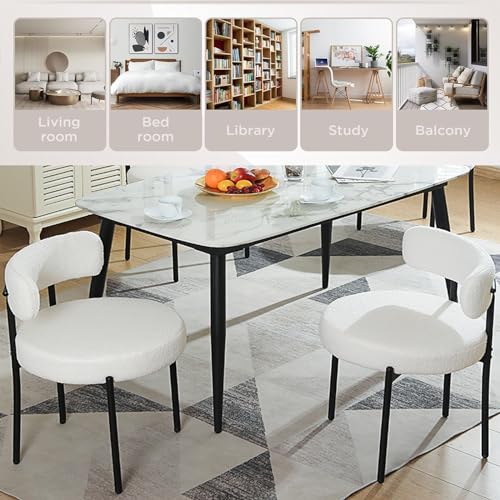 RIGHTPARTS Boucle Dining Chairs Set of 2, Modern Upholstered Tufted Dining Room Chairs, Mid Century Furry Round Kitchen Chairs Curved Backrest Metal Legs Easy Assemble (White, 2)
