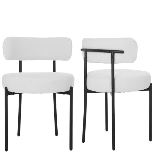 RIGHTPARTS Boucle Dining Chairs Set of 2, Modern Upholstered Tufted Dining Room Chairs, Mid Century Furry Round Kitchen Chairs Curved Backrest Metal Legs Easy Assemble (White, 2)
