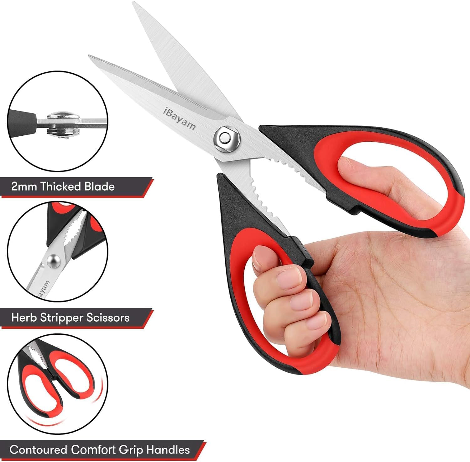 Kitchen Shears, iBayam Kitchen Scissors Heavy Duty Meat Scissors Poultry Shears, Dishwasher Safe Food Cooking Scissors All Purpose Stainless Steel Utility Scissors, 2-Pack (Black Red, Black Gray)