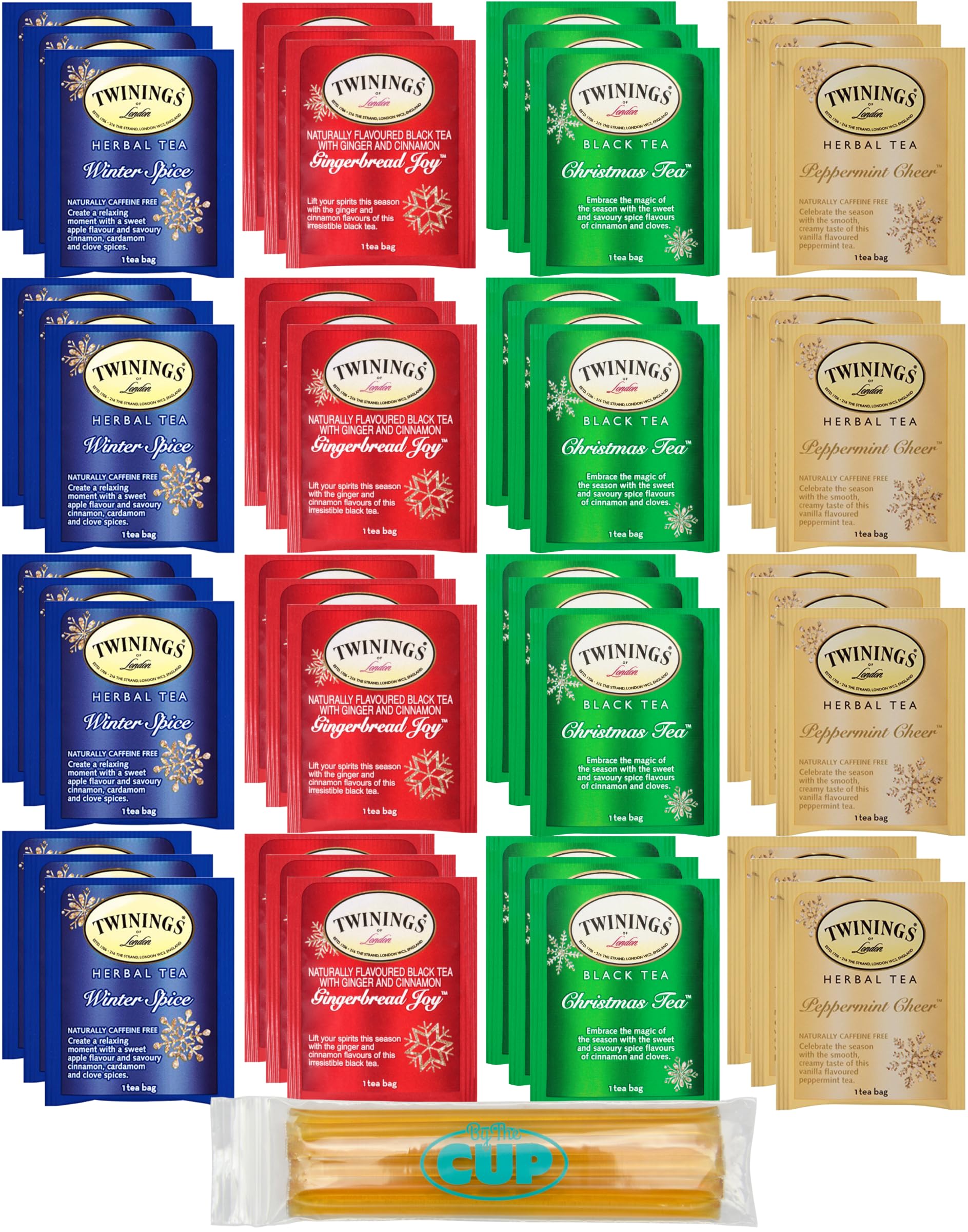 Twinings Black & Herbal Tea Collection (48 Count) Four Seasonal Winter Flavors with By The Cup Honey Sticks