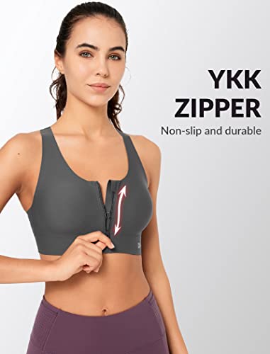 Yvette Seamless Post Surgery Sports Bra - Medium Support Zip Bra,Wireless Supportive,Comfortable,Grey, Medium