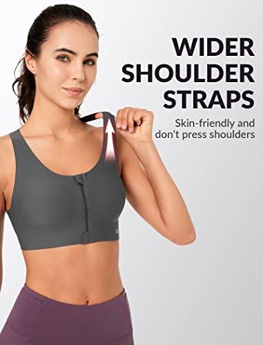 Yvette Seamless Post Surgery Sports Bra - Medium Support Zip Bra,Wireless Supportive,Comfortable,Grey, Medium