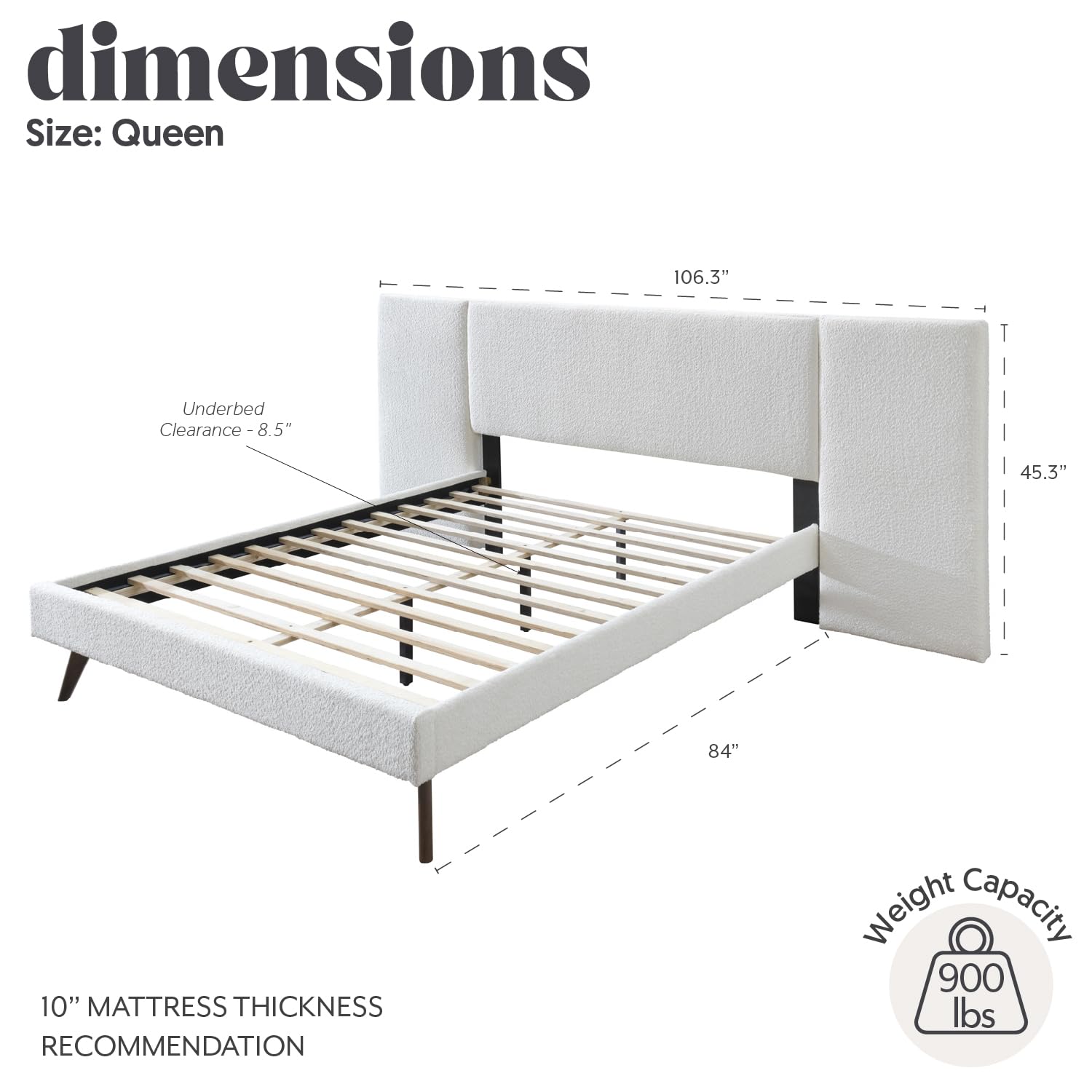 DG Casa Boucle Modern Platform Upholstered Bed Frame with Soft Textured Extended Headboard Fluted Wooden Base Legs, Slat Support Included, Easy Assembly, Queen Size, Cream