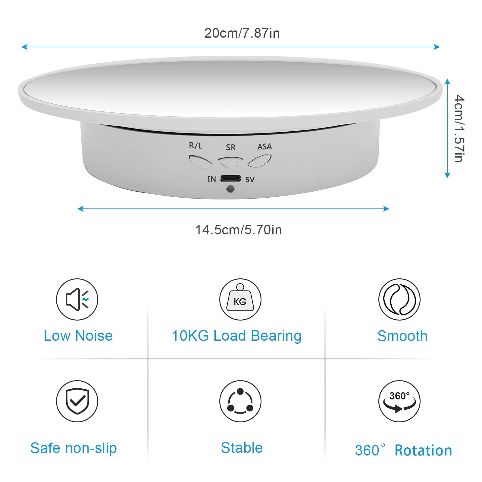 Fotoconic Motorized Rotating Display Stand, 20CM /Load 8KG, 360 Degree Electric Rotating Turntable for Photography Products, Jewelry, Cake,3D Model,Mirror Cover (White)