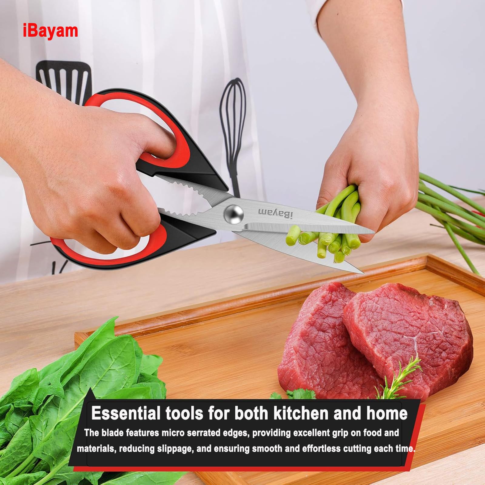 Kitchen Shears, iBayam Kitchen Scissors Heavy Duty Meat Scissors Poultry Shears, Dishwasher Safe Food Cooking Scissors All Purpose Stainless Steel Utility Scissors, 2-Pack (Black Red, Black Gray)