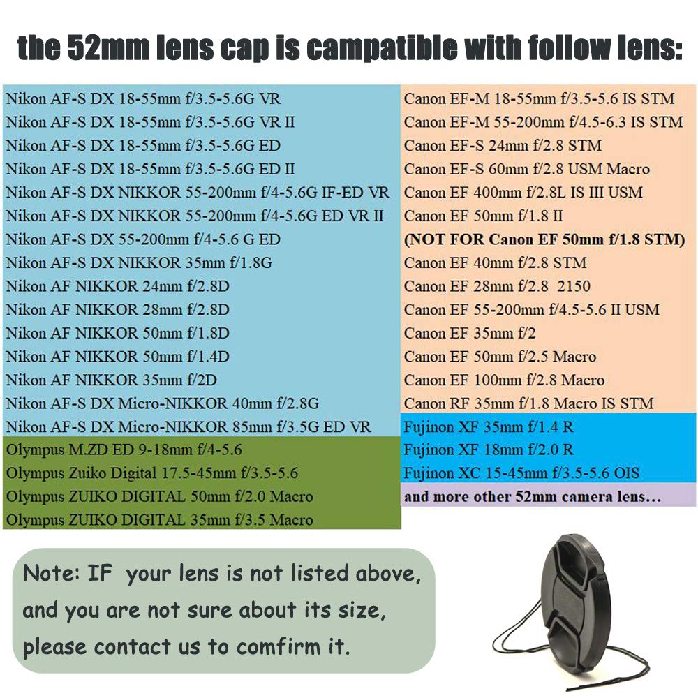 52mm Lens Cap for Nikon D850 D7500 D3500 Camera with AF-S 18-55mm lens,Canon EOS 90D , Rebel T7, 200d ii Camera w/ EF-M 55-200mm 18-55mm Lens,Snoy E w/ Sigma 30mm F1.4 Contemporary DC DN Lens(2 Pack)