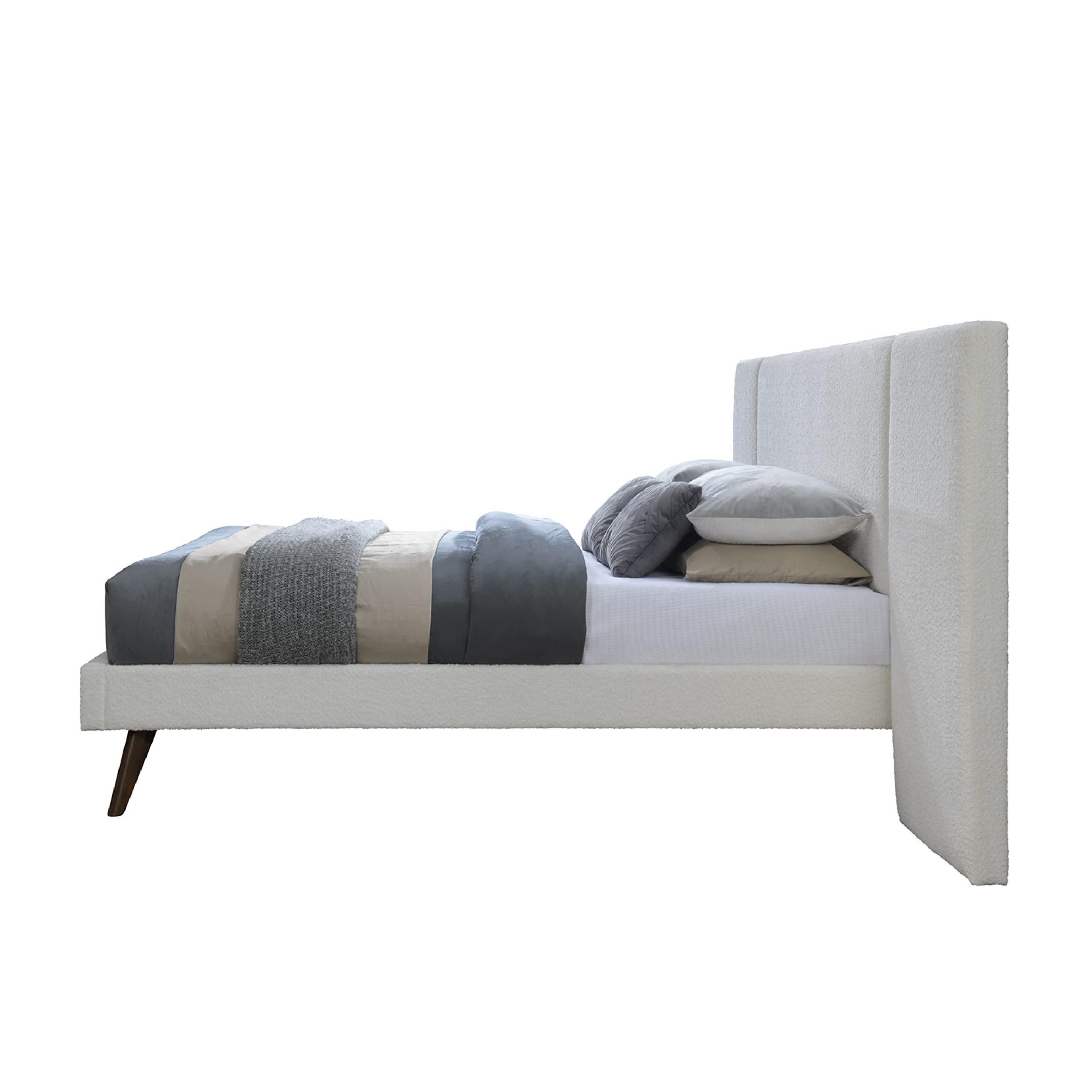 DG Casa Boucle Modern Platform Upholstered Bed Frame with Soft Textured Extended Headboard Fluted Wooden Base Legs, Slat Support Included, Easy Assembly, Queen Size, Cream