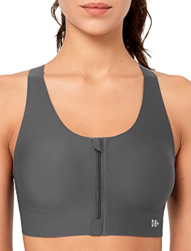 Yvette Seamless Post Surgery Sports Bra - Medium Support Zip Bra,Wireless Supportive,Comfortable,Grey, Medium