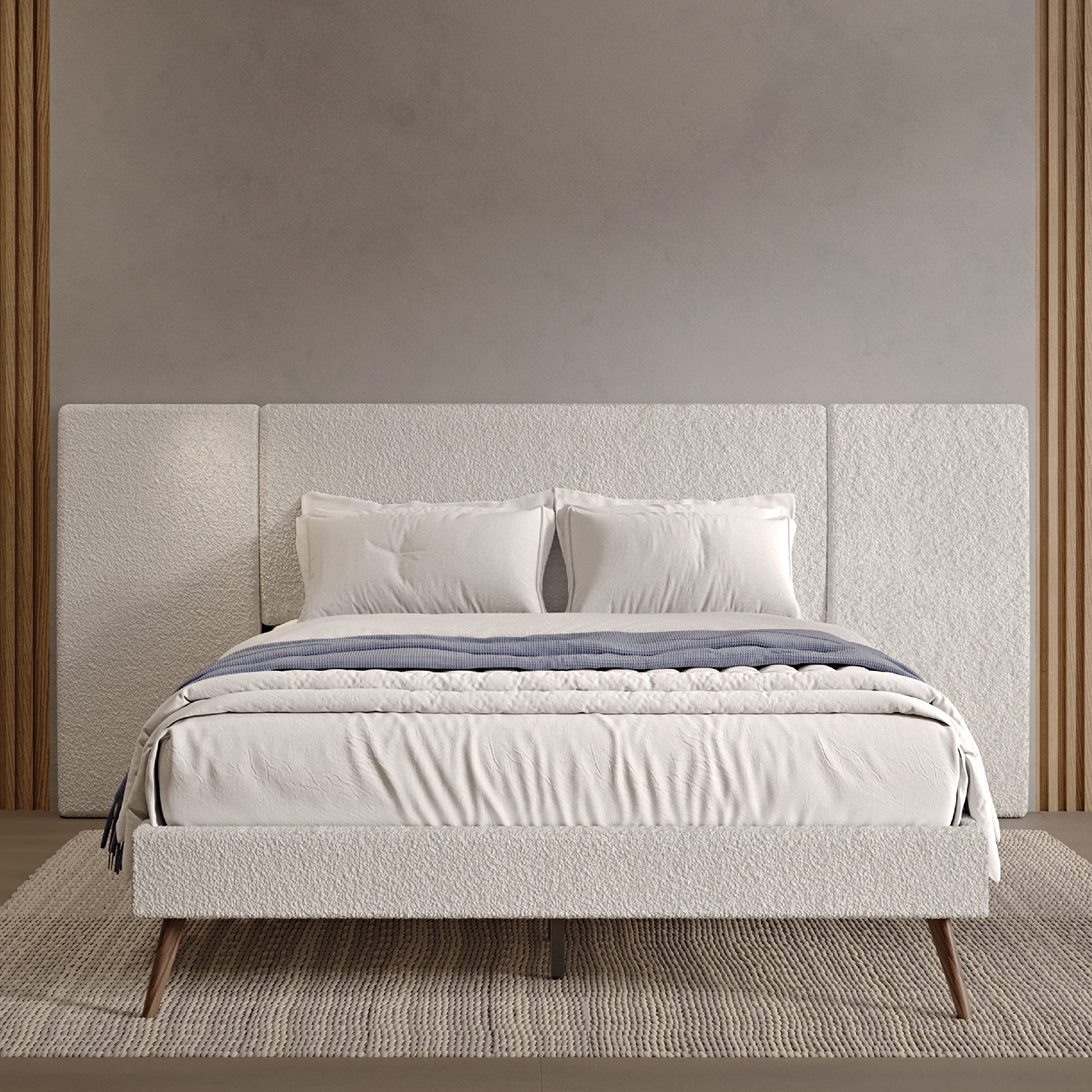 DG Casa Boucle Modern Platform Upholstered Bed Frame with Soft Textured Extended Headboard Fluted Wooden Base Legs, Slat Support Included, Easy Assembly, Queen Size, Cream