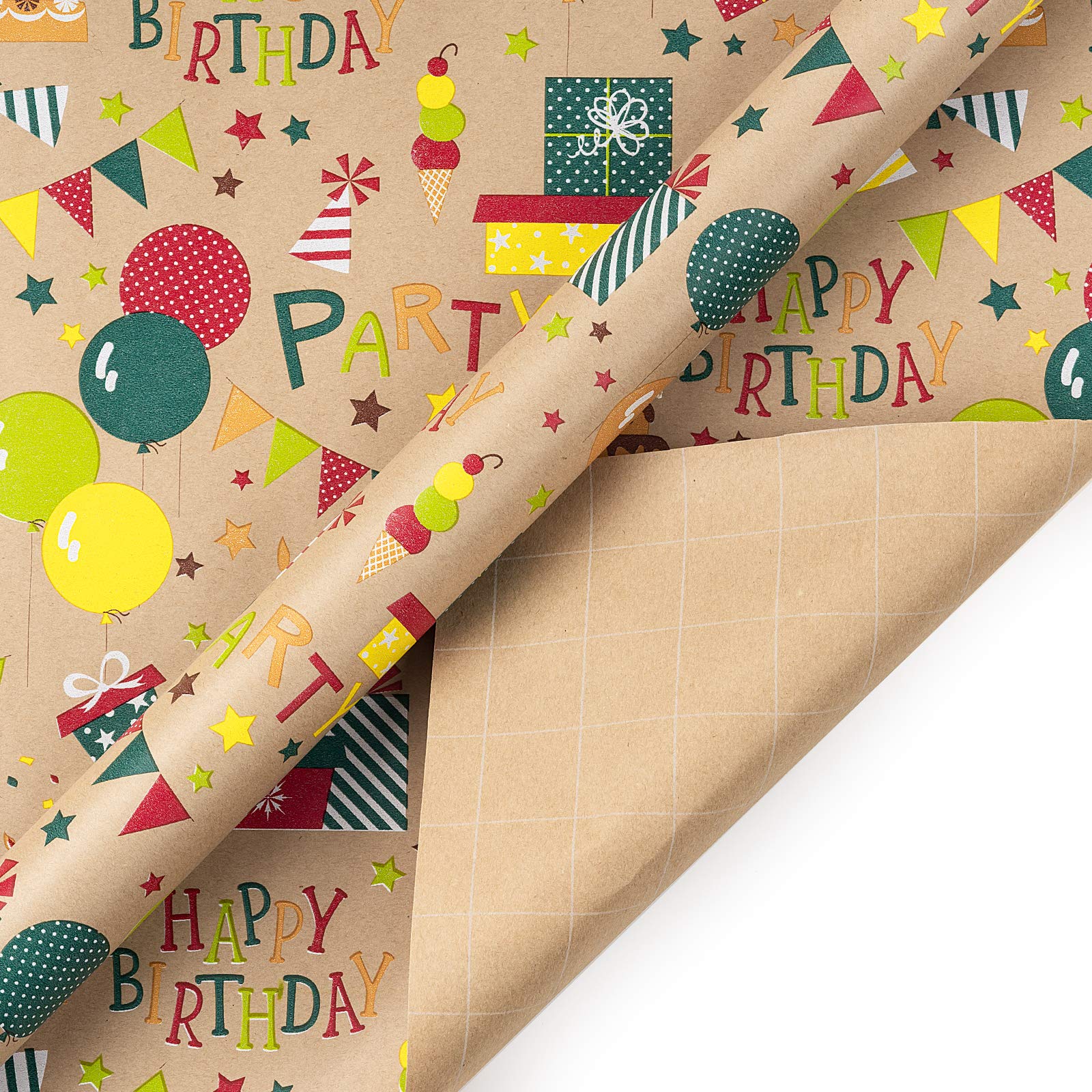 RUSPEPA Wrapping Paper Kraft Paper - Colorful Birthday Wrap Design - 4 Rolls - 30 inches x 10 feet per Roll