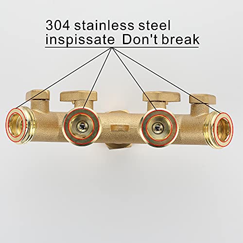 improved Heavy Duty Solid Brass 4 Way Garden Hose Splitter Nozzle Switcher Connector 4 Way Hose Splitter Shut-Off Valves for Garden Irrigation Watering 304 stainless steel Hose Connector (4 Way)