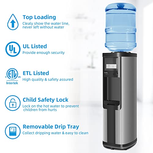 Water Cooler Dispenser, 5 Gallon Top Loading Water Cooler Water Dispenser, 2 Temps (Hot & Cold), Quiet, Black and Stainless Steel, ETL Listed, Child Safety Lock