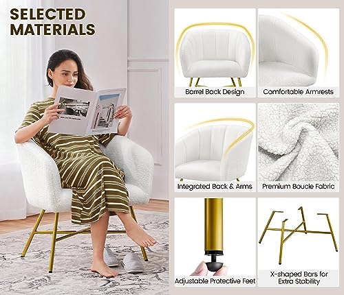 Yaheetech Boucle Barrel Chair, Modern Living Room Chair with Metal Legs and Soft Padded, Comfy Side Chair for Bedroom/Office/Study/Waiting Room, White, 2pcs