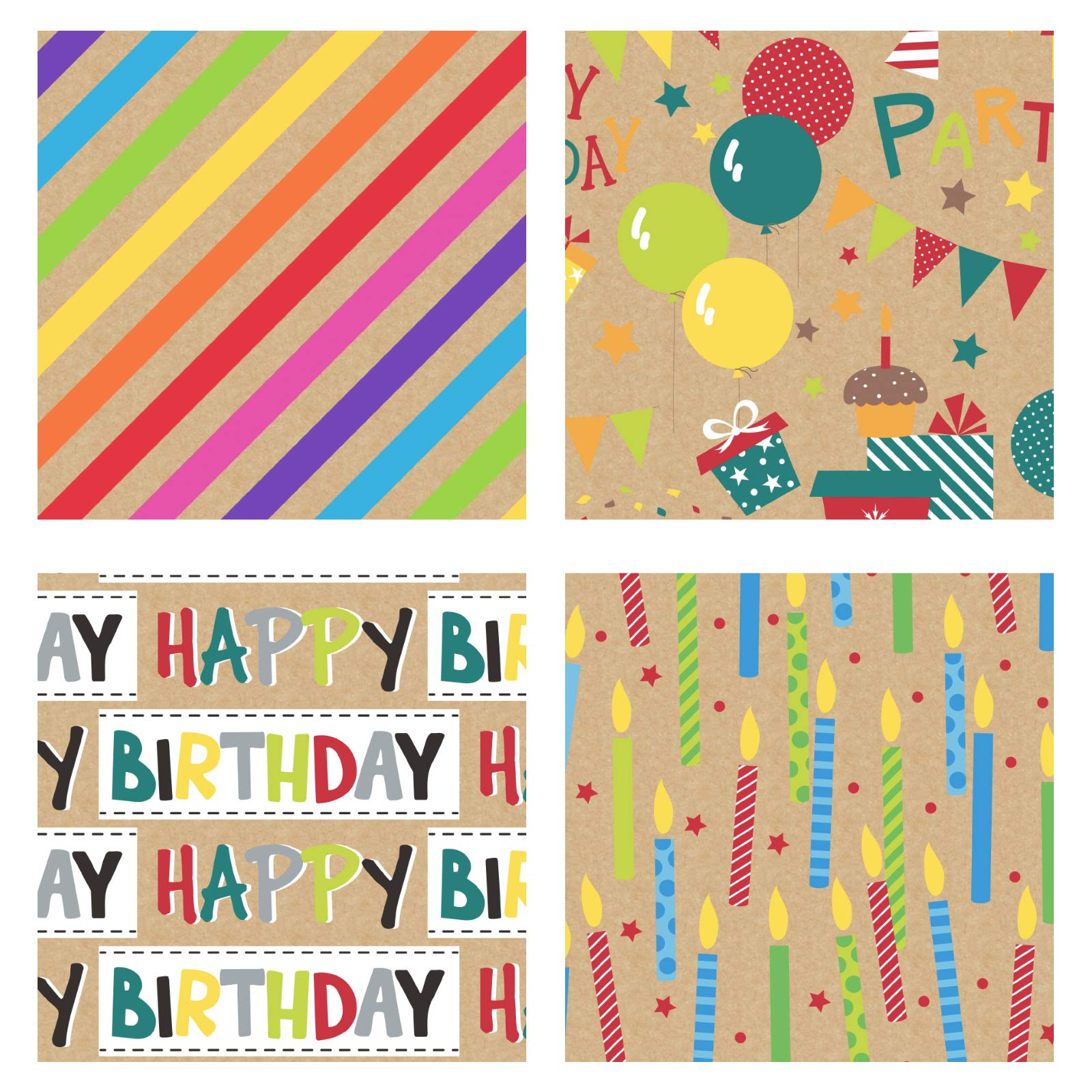 RUSPEPA Wrapping Paper Kraft Paper - Colorful Birthday Wrap Design - 4 Rolls - 30 inches x 10 feet per Roll