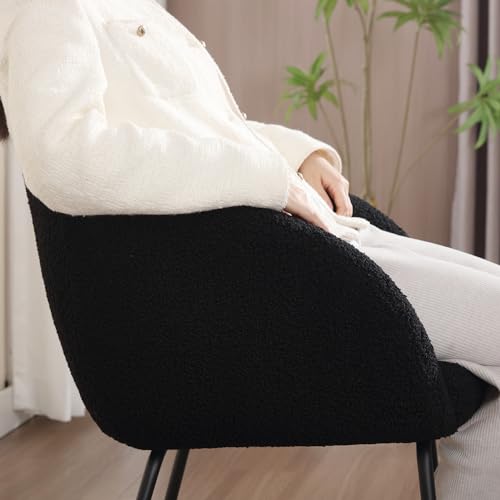 ONEVOG Upholstered Modern Sherpa Chairs for Makeup Vanity Desk, Black Boucle Dining Chairs wtih Arms, Curved Back, Metal Legs, Cozy Kichen & Dining & Living Room Cushioned Seats Set of 2