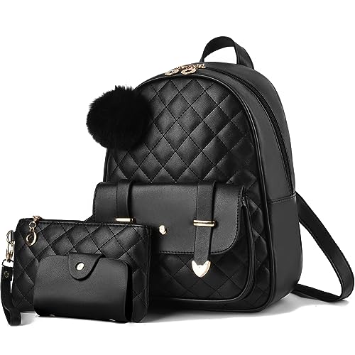 I IHAYNER Backpack Purse for Women 3PCS Leather Cute Small Backpack Purse with Pompom Mini Backpack for Women Travel Backpack (Black)