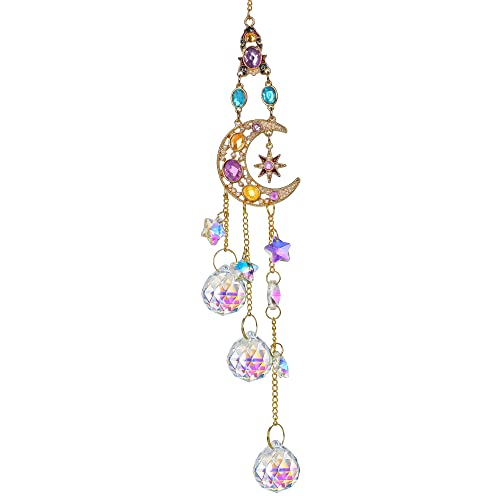 Handmade Crystal Moon&Star Prisms Suncatchers, Glass Window Hanging Ornament, Rainbow Rhinestones Decor for Home Garden