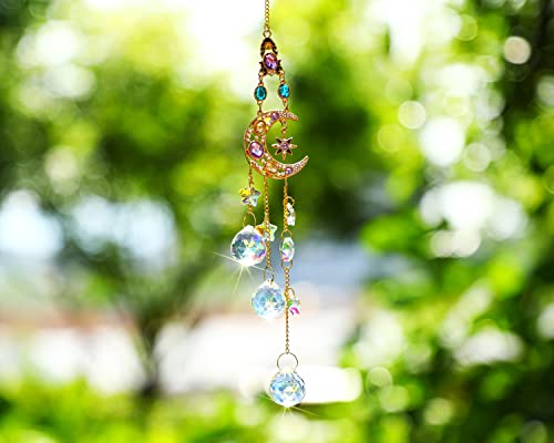 Handmade Crystal Moon&Star Prisms Suncatchers, Glass Window Hanging Ornament, Rainbow Rhinestones Decor for Home Garden