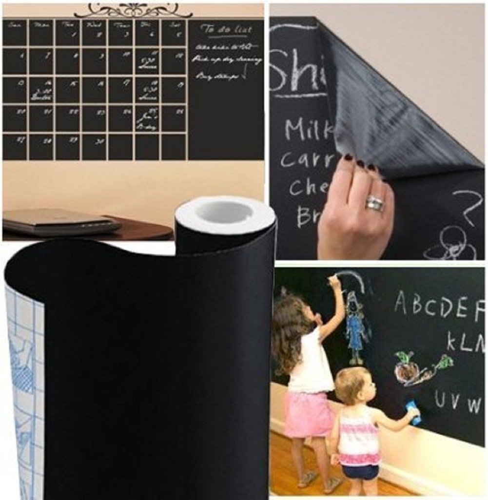 Chalkboard Contact Paper Decal Wall Sticker Adhesive Blackboard, TAKSDAI 2 Rolls Removable Vinyl Chalkboard Wallpaper Peel and Stick, with Bonus 10 Colorful Chalks, Each Roll 17.7'' × 78.7''