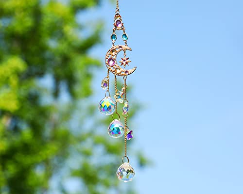 Handmade Crystal Moon&Star Prisms Suncatchers, Glass Window Hanging Ornament, Rainbow Rhinestones Decor for Home Garden