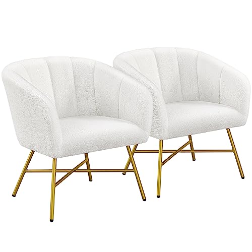 Yaheetech Boucle Barrel Chair, Modern Living Room Chair with Metal Legs and Soft Padded, Comfy Side Chair for Bedroom/Office/Study/Waiting Room, White, 2pcs
