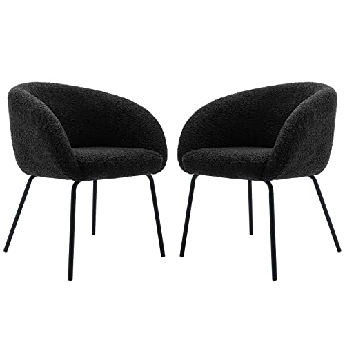 ONEVOG Upholstered Modern Sherpa Chairs for Makeup Vanity Desk, Black Boucle Dining Chairs wtih Arms, Curved Back, Metal Legs, Cozy Kichen & Dining & Living Room Cushioned Seats Set of 2
