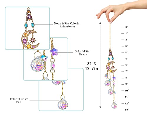 Handmade Crystal Moon&Star Prisms Suncatchers, Glass Window Hanging Ornament, Rainbow Rhinestones Decor for Home Garden
