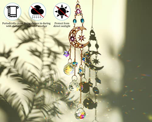 Handmade Crystal Moon&Star Prisms Suncatchers, Glass Window Hanging Ornament, Rainbow Rhinestones Decor for Home Garden