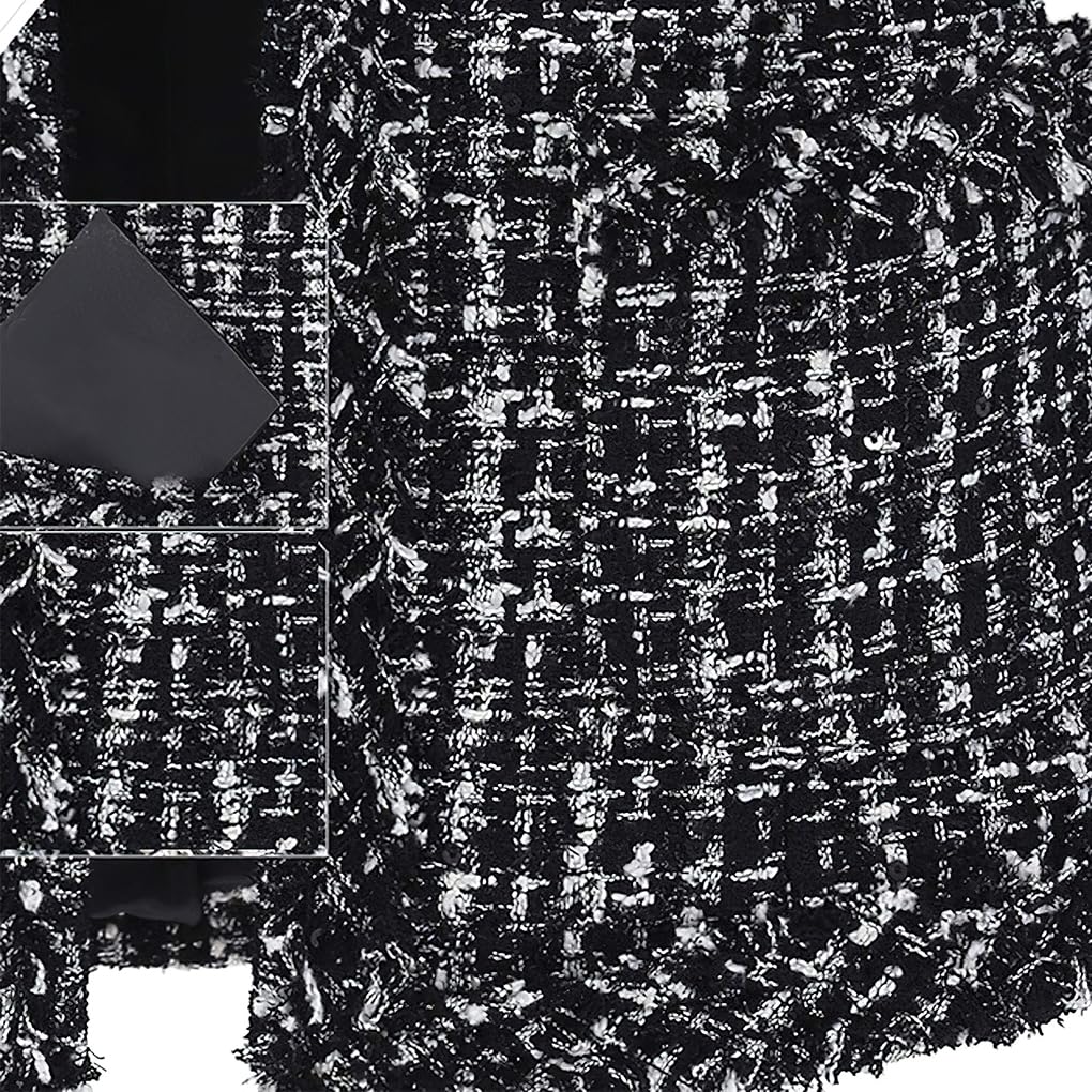 ebossy Women's Elegant Open Front Round Neck Fringed Plaid Tweed Jacket (Large, Black)